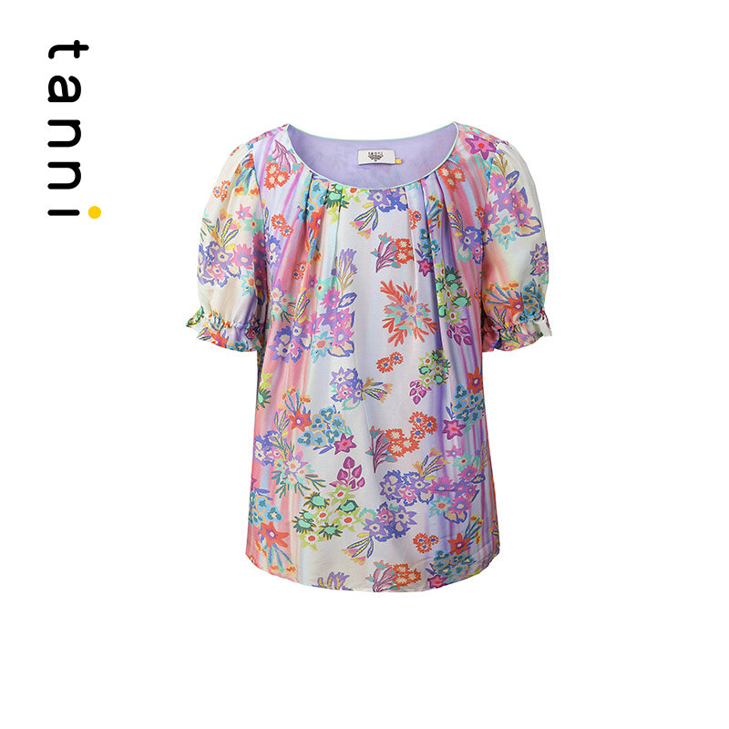 tanni夏季新品女装圆领时尚百搭印花上衣商场同款TJ11BL077A_虎窝淘