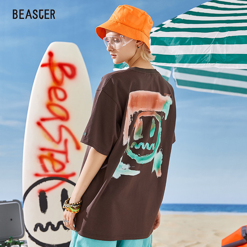 beaster官方小恶魔明星同款情侣宽松夏国潮撞色喷漆短袖嘻哈T恤_虎窝淘