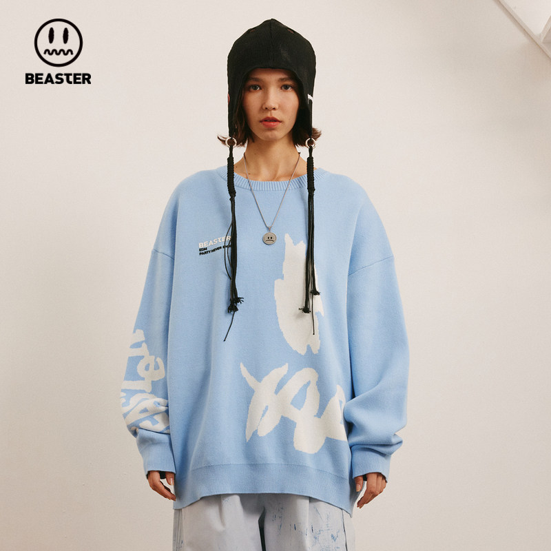 beaster官方小恶魔鬼脸情侣毛衣ins时尚休闲落肩宽松男士保暖上衣_虎窝淘