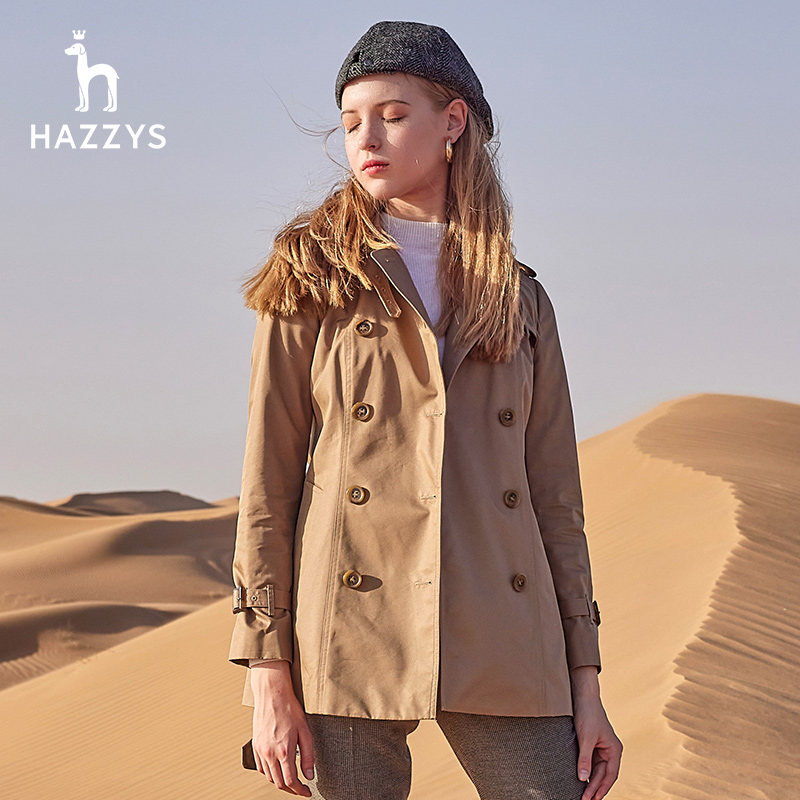 Hazzys哈吉斯官方女士双排扣短款风衣减龄时尚春秋品牌韩版外套女_虎窝淘