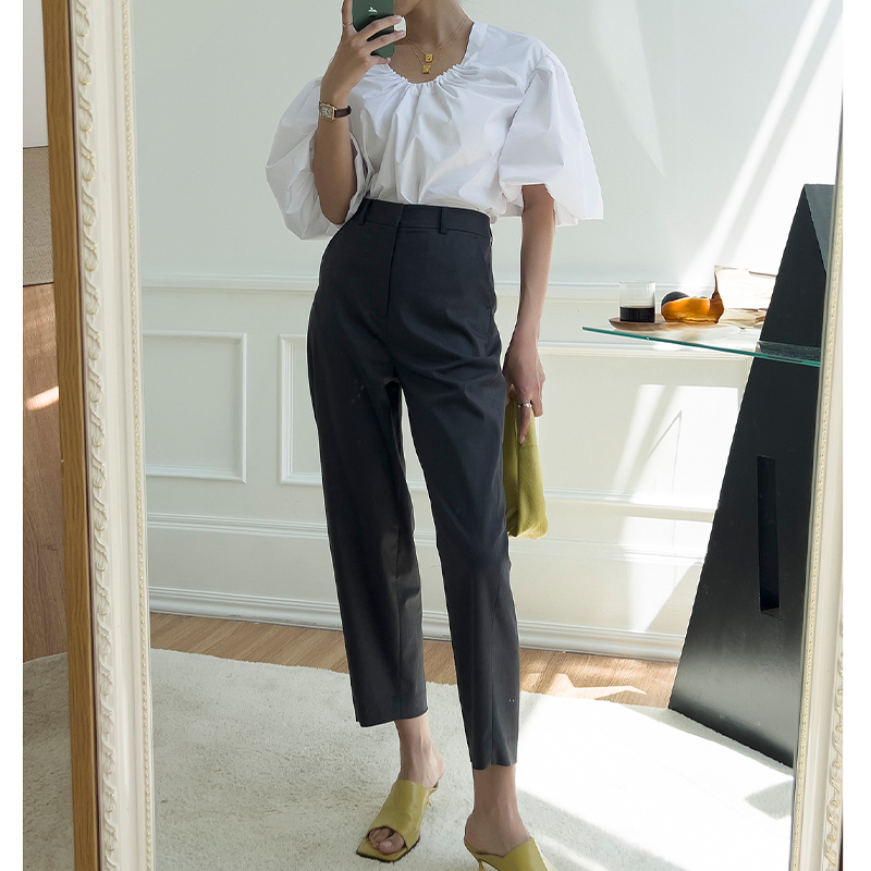 GUS“万年经典裤型”九分休闲裤女ol直筒裤子灰色高腰西裤女薄款_虎窝淘