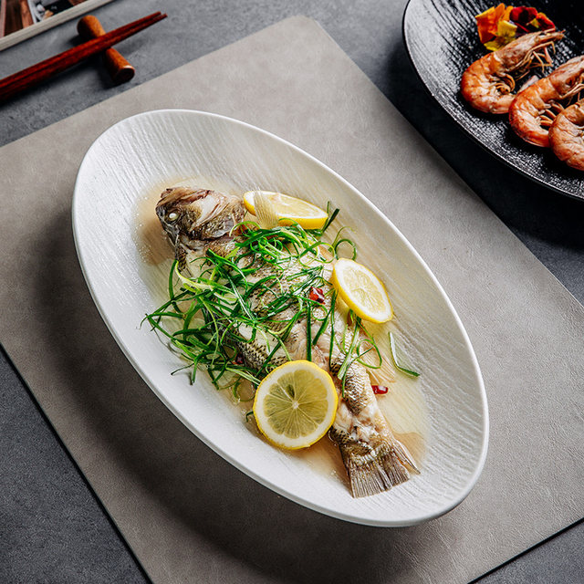 Creative ceramic oval fish plate, household steamed fish plate, large ...