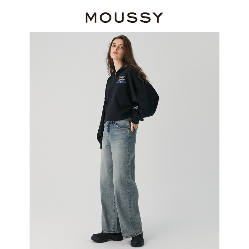 MOUSSY 2023冬季新品学院风半拉链翻领短款卫衣女028GSY90-0000_虎窝淘