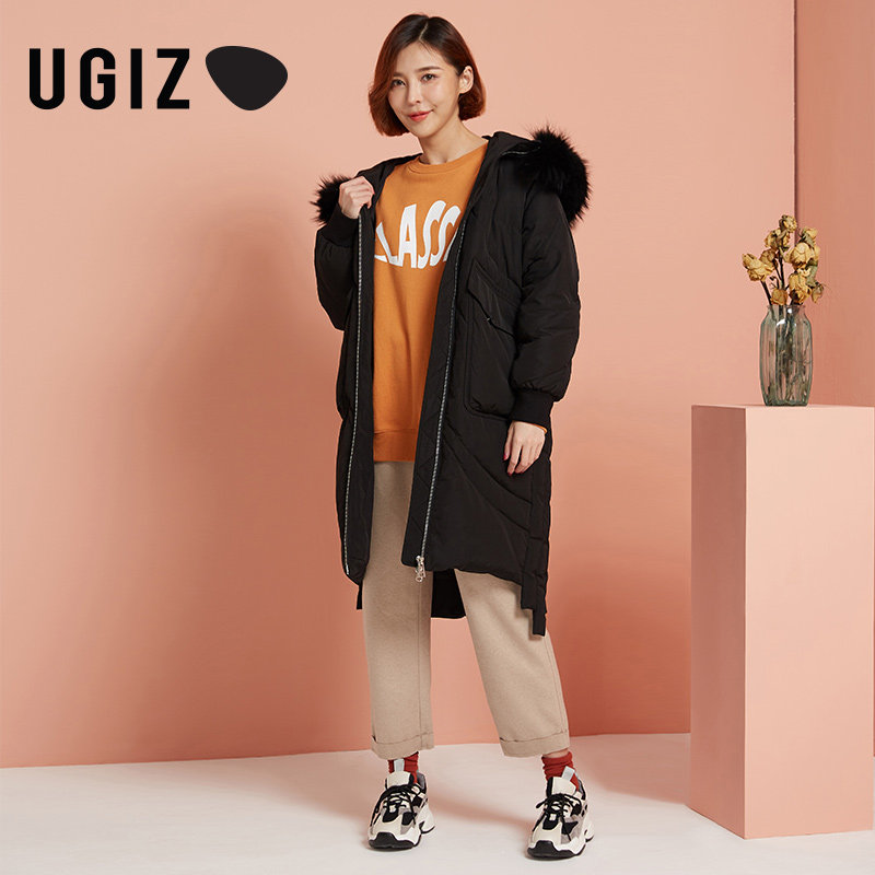 UGIZ冬季新品韩版女装中长款纯色修身连帽毛领羽绒服女UDYD707_虎窝淘