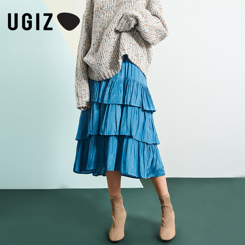 UGIZ春秋季新品韩版女装休闲碎花蛋糕裙高腰文艺半身裙女UAKD128_虎窝淘