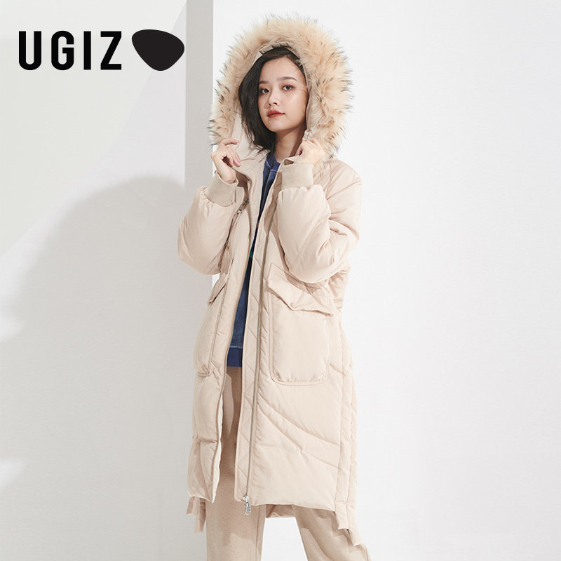 UGIZ冬季新品韩版女装中长款纯色修身连帽毛领羽绒服女UDYD707_虎窝淘