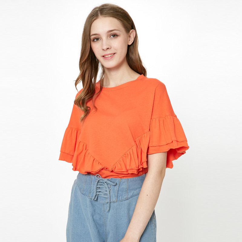 UGIZ夏季新款韩版女装荷叶边休闲蝙蝠袖圆领T恤上衣女UBTC740-5_虎窝淘