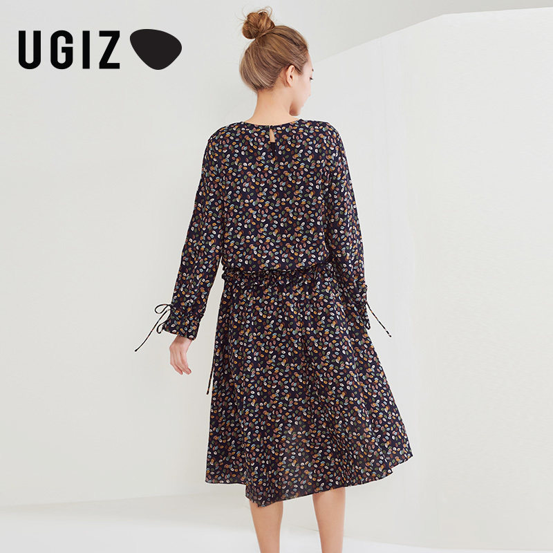 UGIZ春秋季新品韩版女装碎花休闲宽松中长款连衣裙女UAOC122-1_虎窝淘