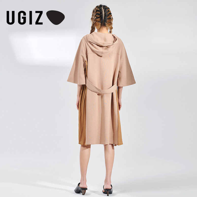 UGIZ夏季新品韩版女装时尚中长款五分袖连帽纯色连衣裙女UBLD915_虎窝淘