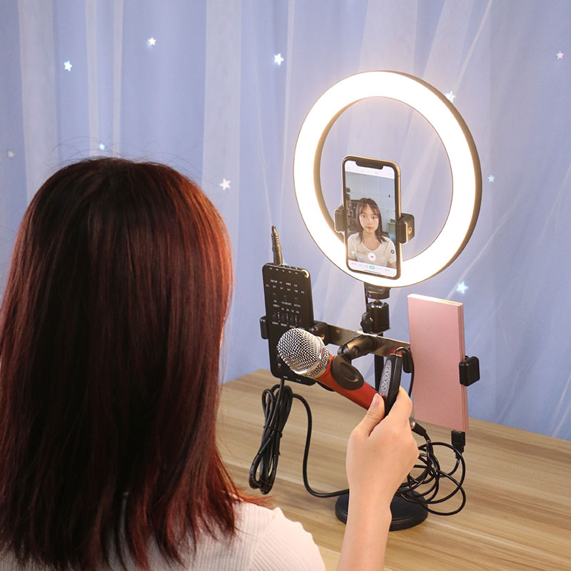 华固（huagu）双手机直播支架多机位带补光灯主播多功能拍摄抖音网红话筒夹桌面_虎窝淘