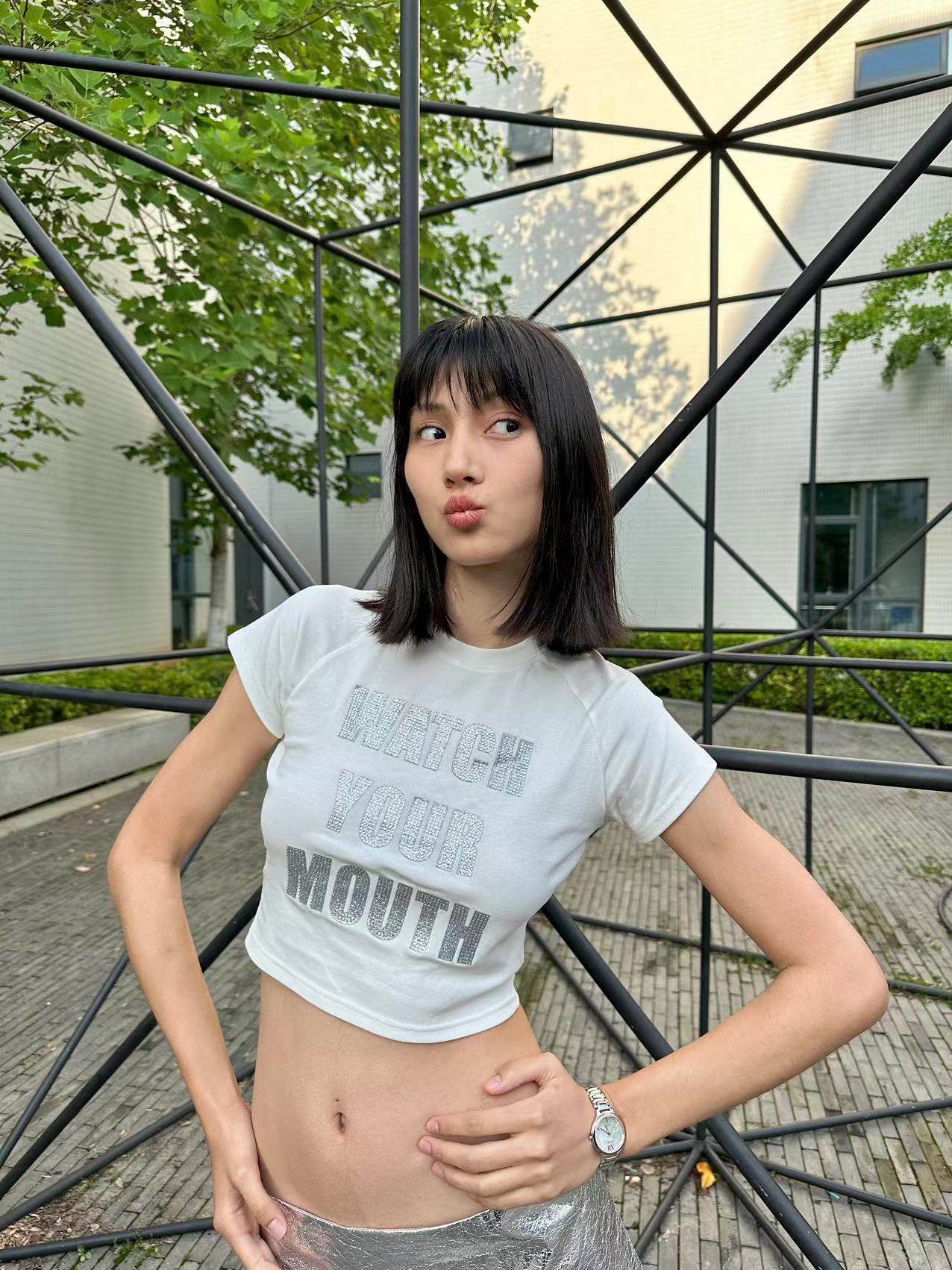 PGND 2023夏 2色重工水钻闪粉美式辣妹ABG紧身显瘦露脐短袖t恤_虎窝淘