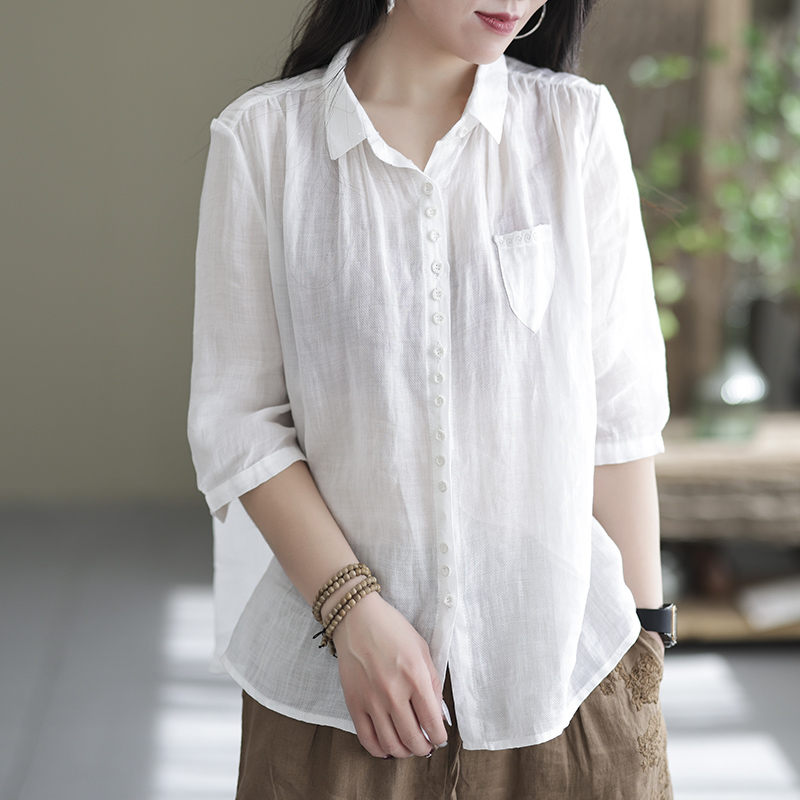 衬衫女春夏新款开衫苎麻休闲宽松复古简约纯色t女装上衣短袖体恤_虎窝淘