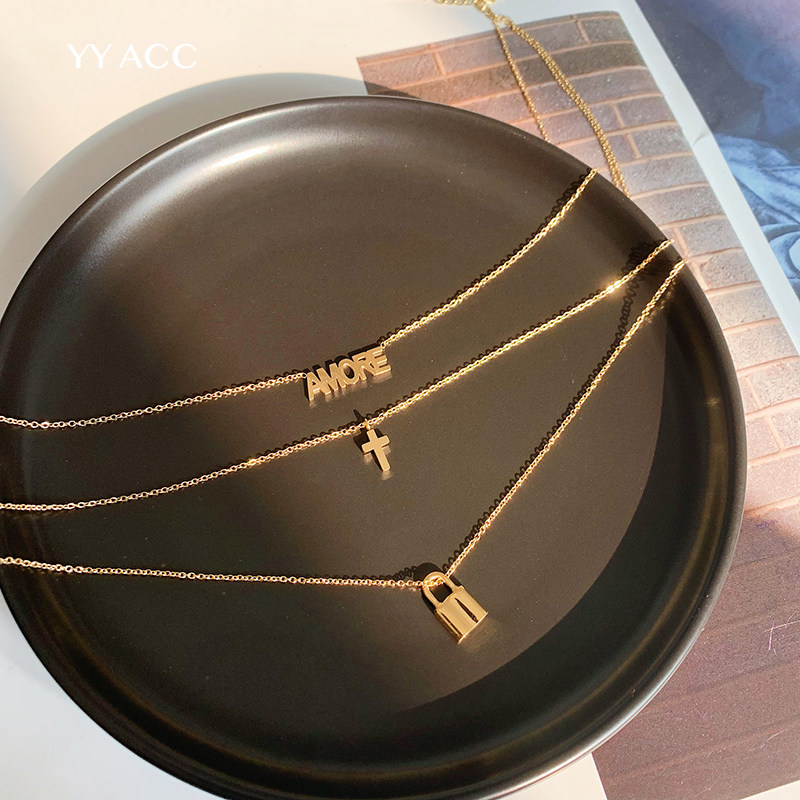 ins高级感冷淡风多层叠戴锁骨链锁头十字架18k金颈链项链女choker_虎窝淘