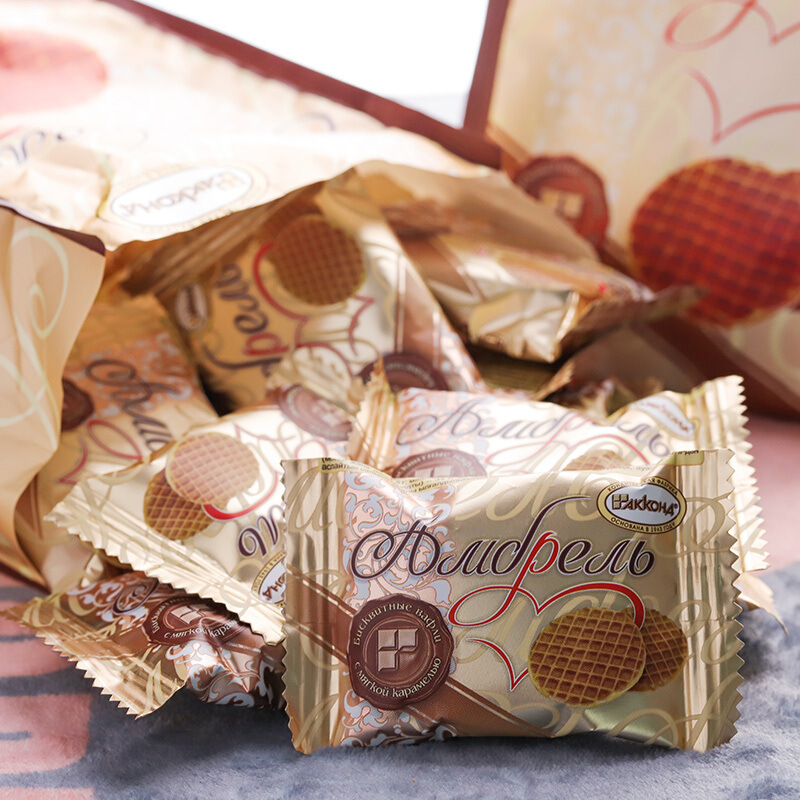 阿孔特俄罗斯进口拉丝饼华夫网红炼乳夹心小圆饼408g袋_虎窝淘