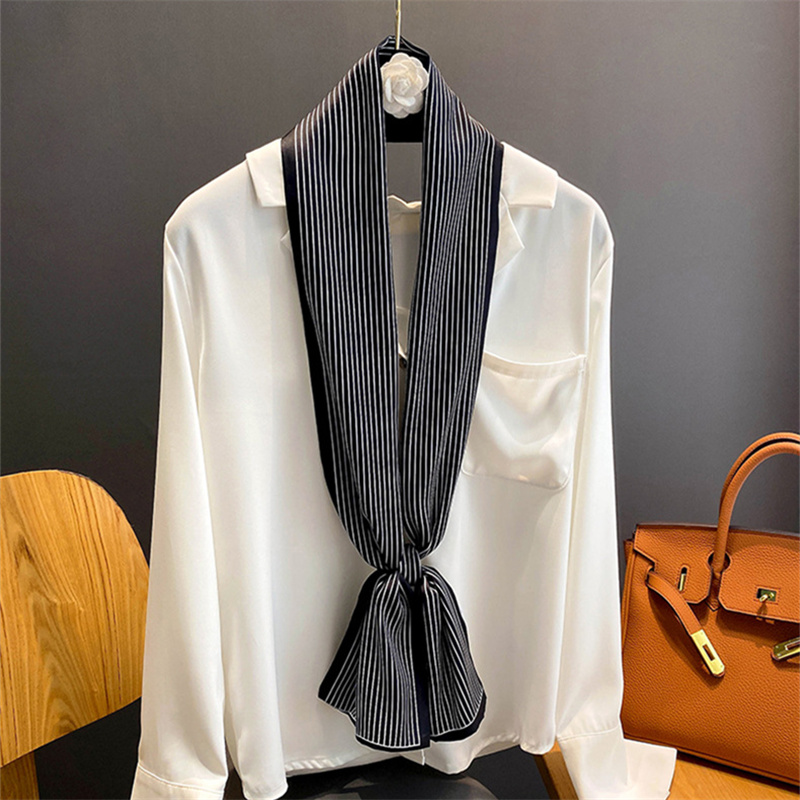 黑色竖细条纹高级感长条形小丝巾女夏季百搭配衬衫西装饰领巾飘带_虎窝淘