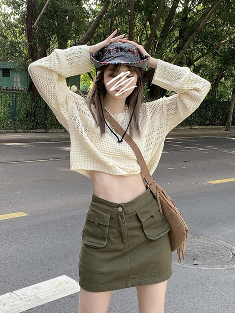 设计感薄款镂空网格长袖防晒罩衫女夏季法式外搭针织衫短款上衣_虎窝淘