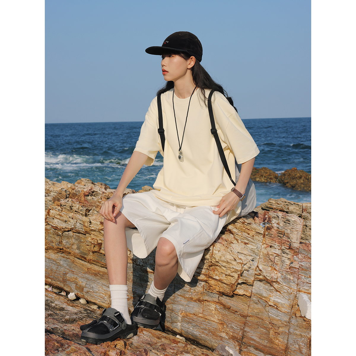 KOUEMGI空味重磅250G夏季oversize白色t恤短袖男宽松日系ins潮流_虎窝淘