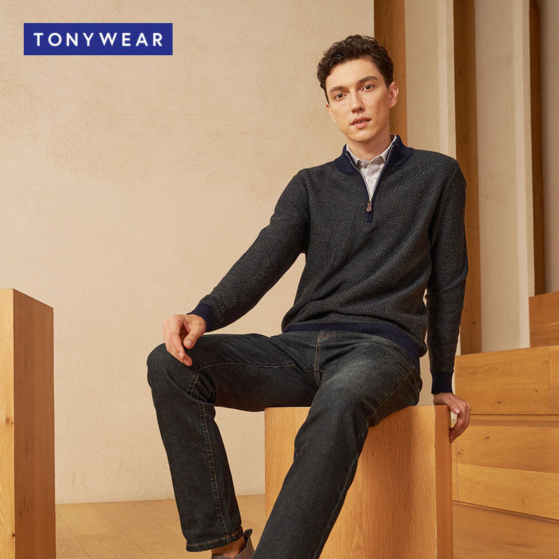 TONY WEAR/汤尼威尔春秋男士新款半高领半拉链套头提花羊毛衫毛衣_虎窝淘