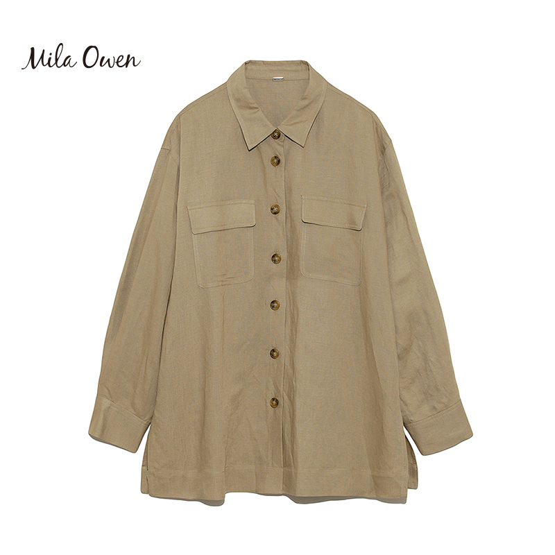 Mila Owen春季日系时尚纯色麻制休闲长袖POLO领衬衫女均码多色_虎窝淘