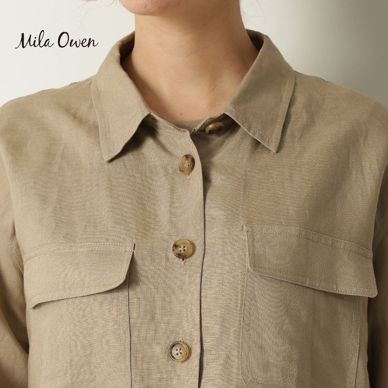 Mila Owen春季日系时尚纯色麻制休闲长袖POLO领衬衫女均码多色_虎窝淘