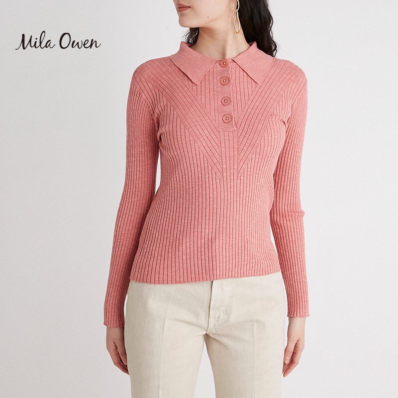 Mila Owen秋季新款修身POLO领长袖罗纹针织衫上衣女_虎窝淘