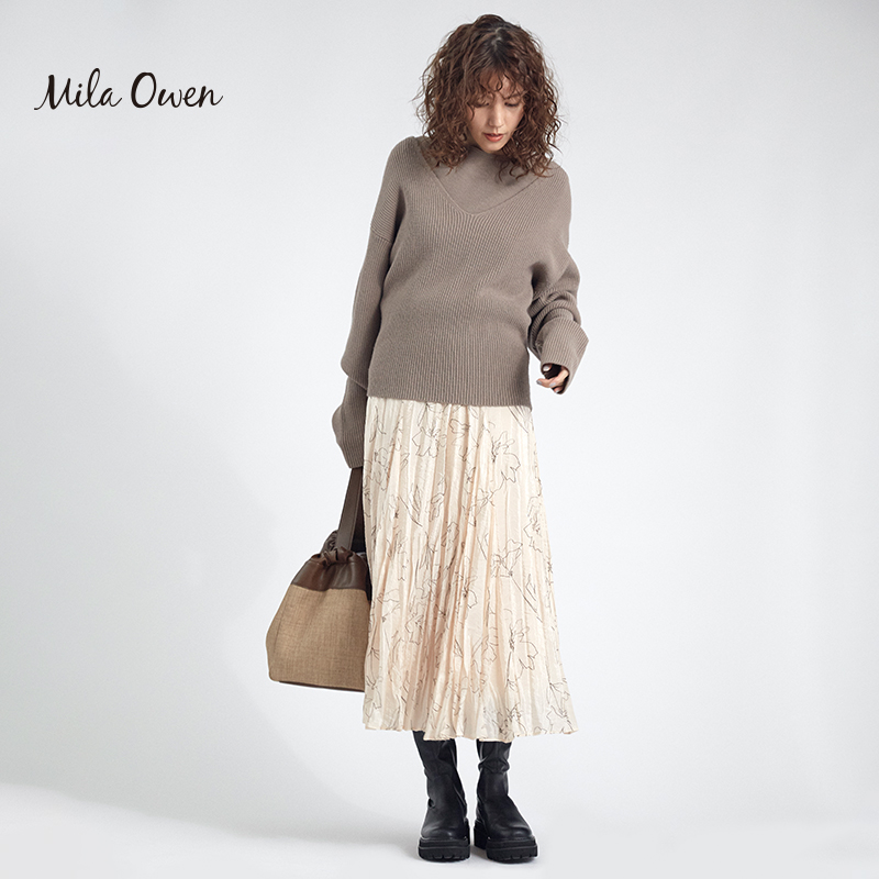 Mila Owen日系休闲深V编织衫百褶中长裙两件套装含羊毛_虎窝淘