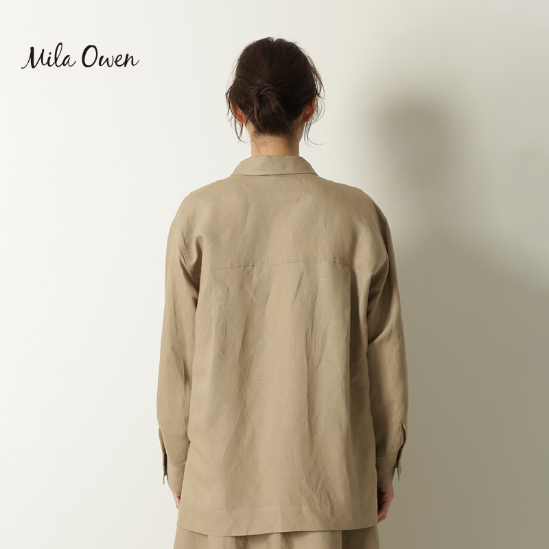 Mila Owen春季日系时尚纯色麻制休闲长袖POLO领衬衫女均码多色_虎窝淘