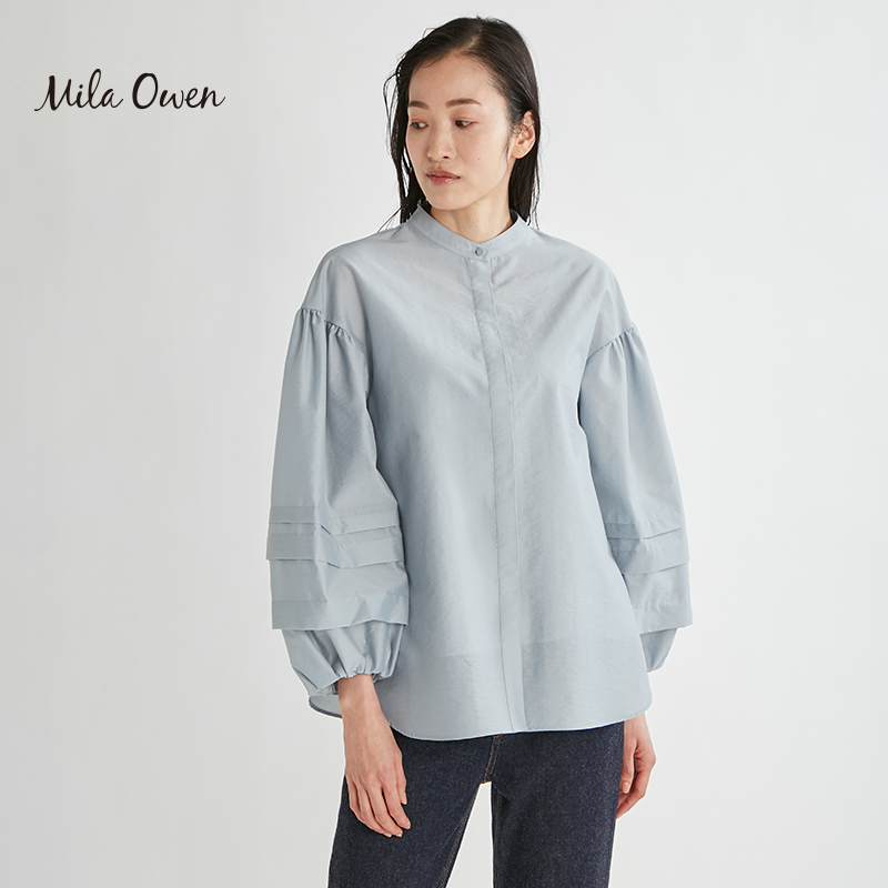 Mila Owen春夏季简约气质日系泡泡袖长袖衬衫女士通勤纯色上衣_虎窝淘