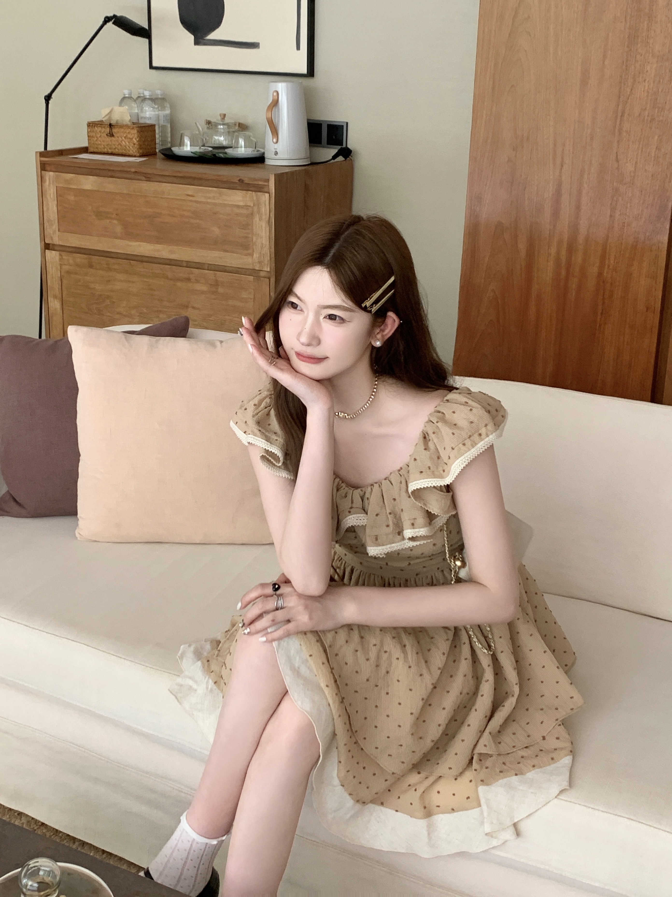 迟伞伞 23/ss rivoli美术展植绒波点2way系带法式长裙and短裙夏_虎窝淘