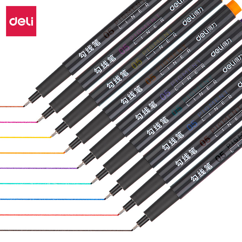 得力文具S573勾线笔套装学生美术水彩S572彩色勾线笔9色手绘钩边漫画针管笔描边设计线稿笔黑色记号笔马克笔_虎窝淘