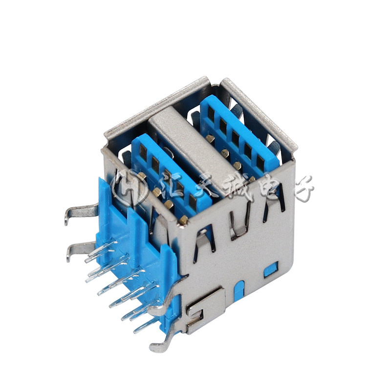 USB3.0AF母座9P沉板侧插平口 90度双层USB打印机接口公头焊线式_虎窝淘