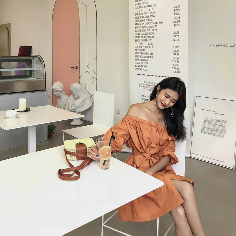 【XXN】轻奢一字肩一字领温柔软妹橘色收腰绑带连体裙露肩连衣裙_虎窝淘