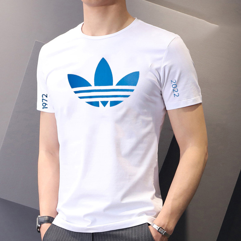 阿迪达斯三叶草白蓝色短袖男运动服纯棉半袖男士宽松T恤HC7167_虎窝淘