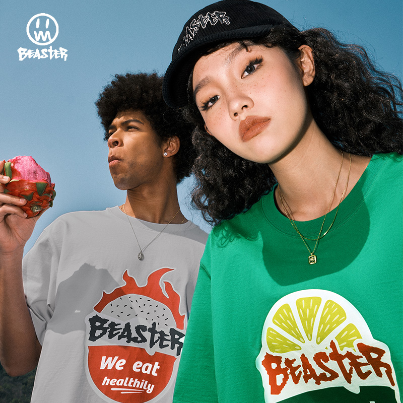 BEASTER水果趣味印花男士短袖t恤男女夏新款重磅美式户外情侣装_虎窝淘
