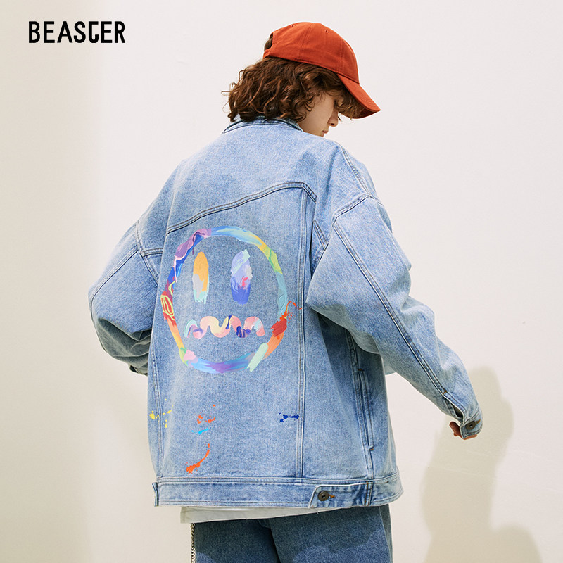 BEASTER小恶魔鬼脸潮流夹克彩色泼墨时尚休闲情侣装美式牛仔外套_虎窝淘