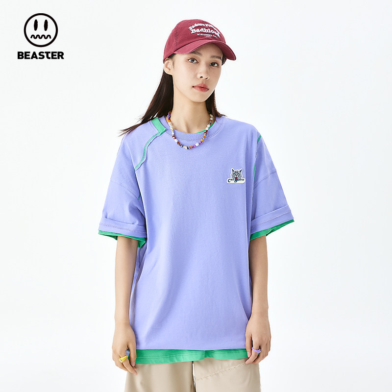 BEASTER小恶魔鬼脸撞色不规则拼接绣标T恤街头休闲短袖上衣男士潮_虎窝淘