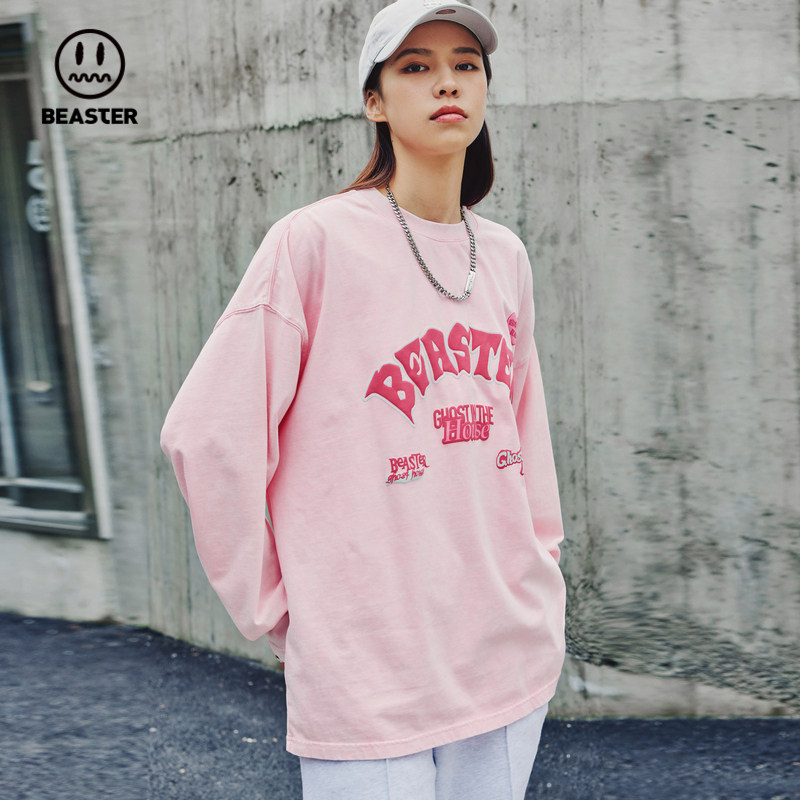 BEASTER潮牌嘻哈复古长袖t恤宽松字母印花休闲上衣女情侣男秋季_虎窝淘