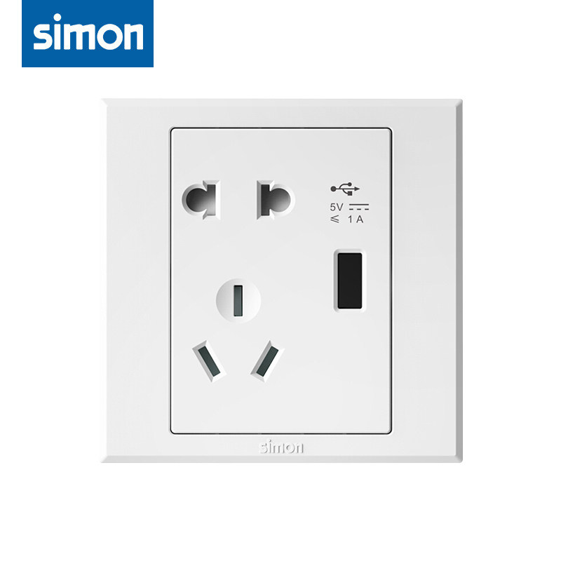 Simon西蒙E3系列雅白色五孔带USB插座开关插座面板_虎窝淘