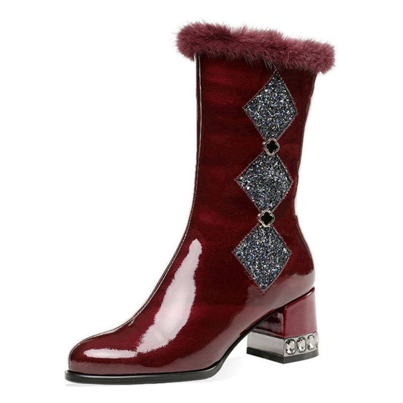 酒红色时装靴女真皮2023秋季新款加绒短靴水钻亮片大码粗跟中筒靴_虎窝淘