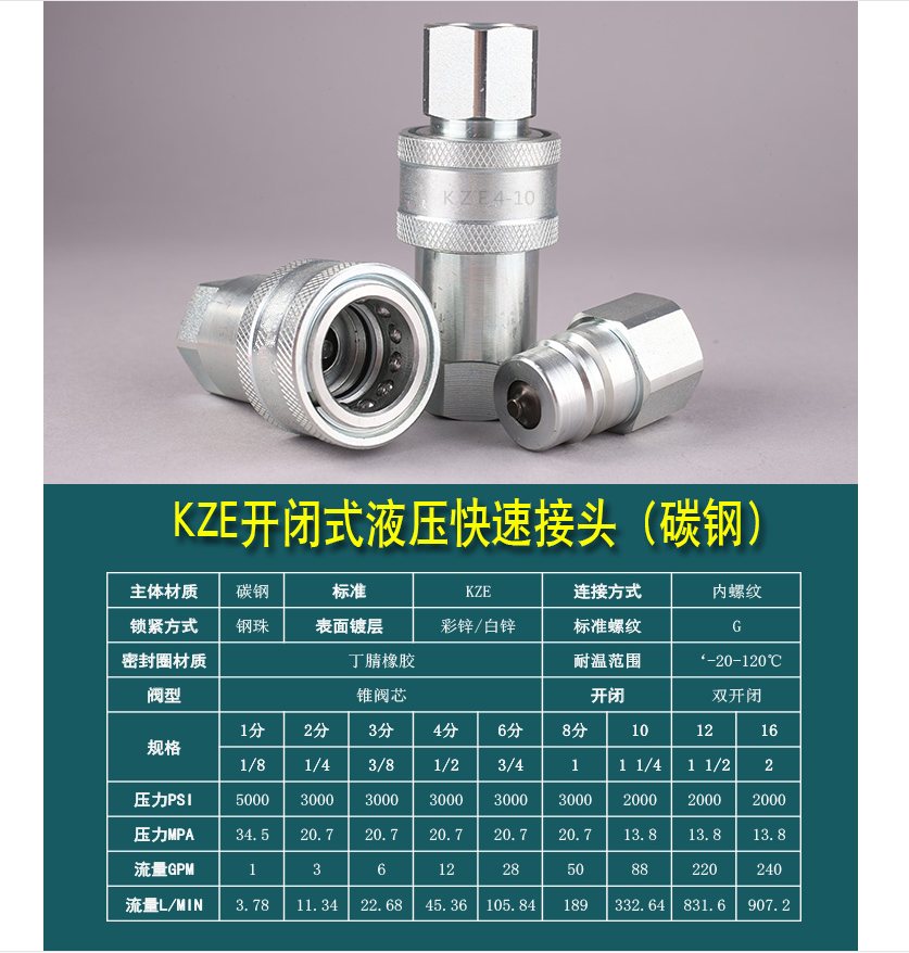KZE液压快速接头KZE2-6 3-8 4-10 6-15 8-20碳钢开闭式油管自锁管_虎窝淘