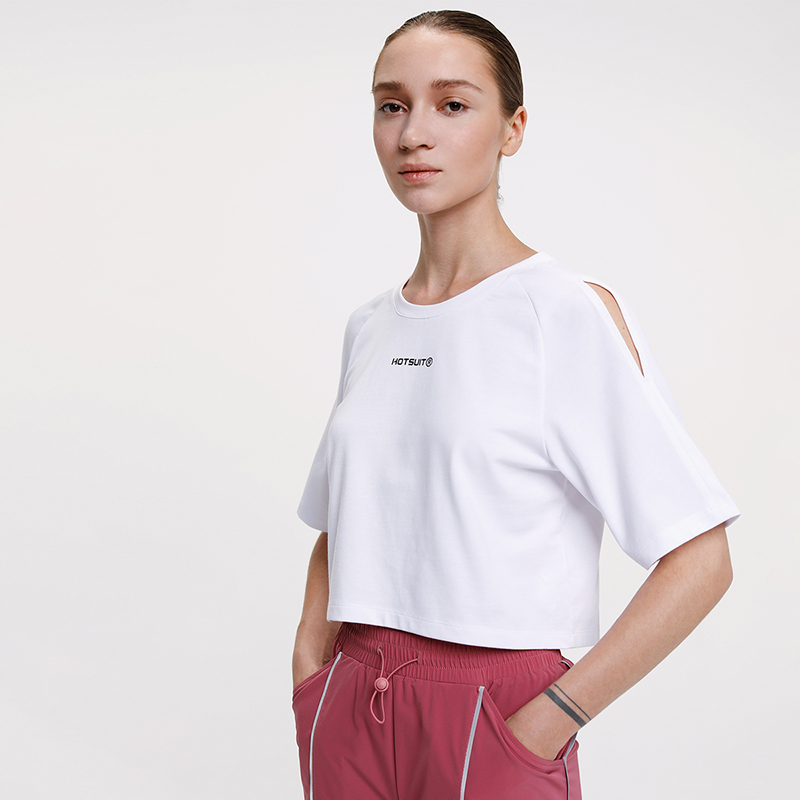 hotsuit短袖女2022春季新款短款露脐露肩蝙蝠袖休闲宽松运动T恤潮_虎窝淘