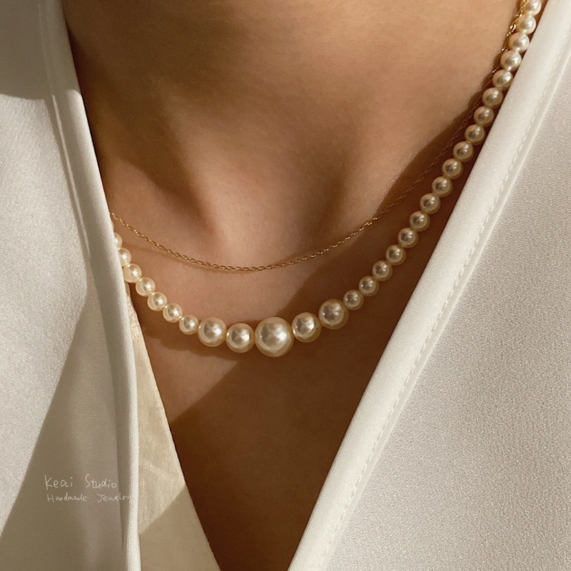KEAI*手工制渐变奶油珍珠项链施家人造珍珠14K包金锁骨链百搭小众_虎窝淘