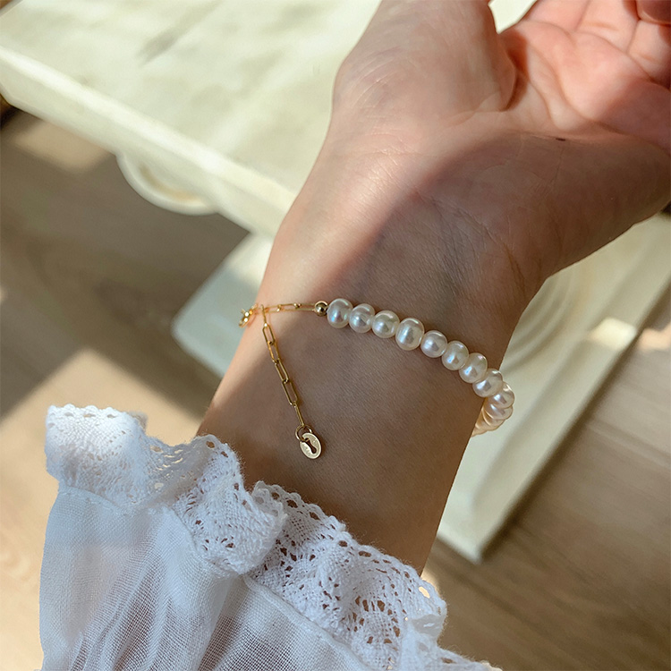 KEAI*手工制天然淡水珍珠手链美国进口14k注金可调节方形链条原创_虎窝淘