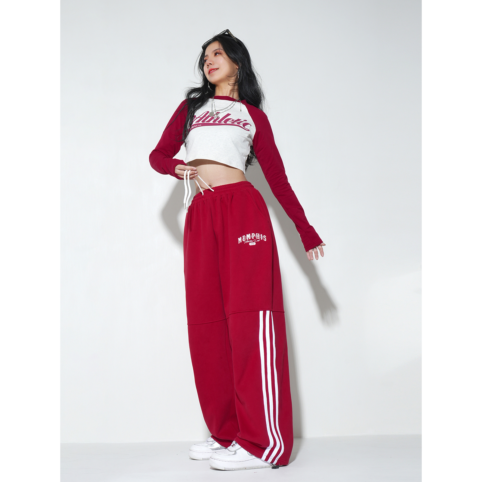 CBX原创酒红白灰美式插肩爵士上衣露脐跳舞女jazz紧身辣妹ins长袖_虎窝淘