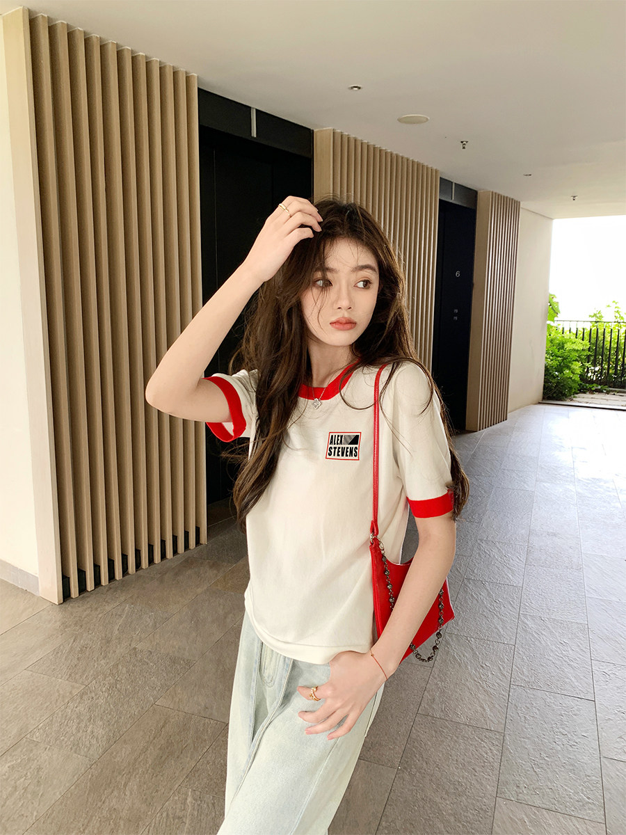 alex stevens天丝撞色字母圆领短袖T恤女春夏季白色短款修身上衣_虎窝淘