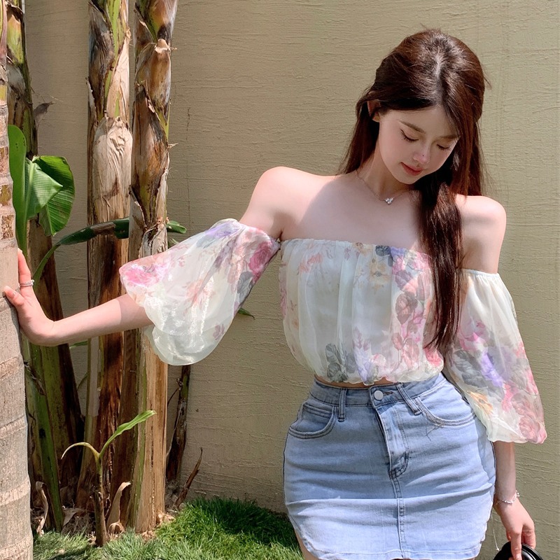 法式复古一字露肩短款短袖衬衫女设计感小众夏季别致性感抹胸上衣_虎窝淘