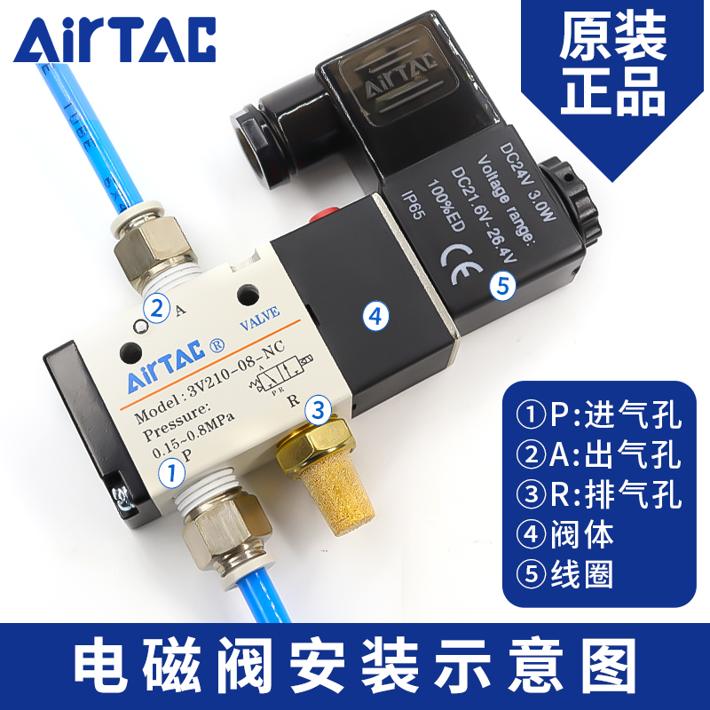 亚德客电磁阀3V210-08 3V310-10二位三通换向阀气阀24v控制阀220v_虎窝淘