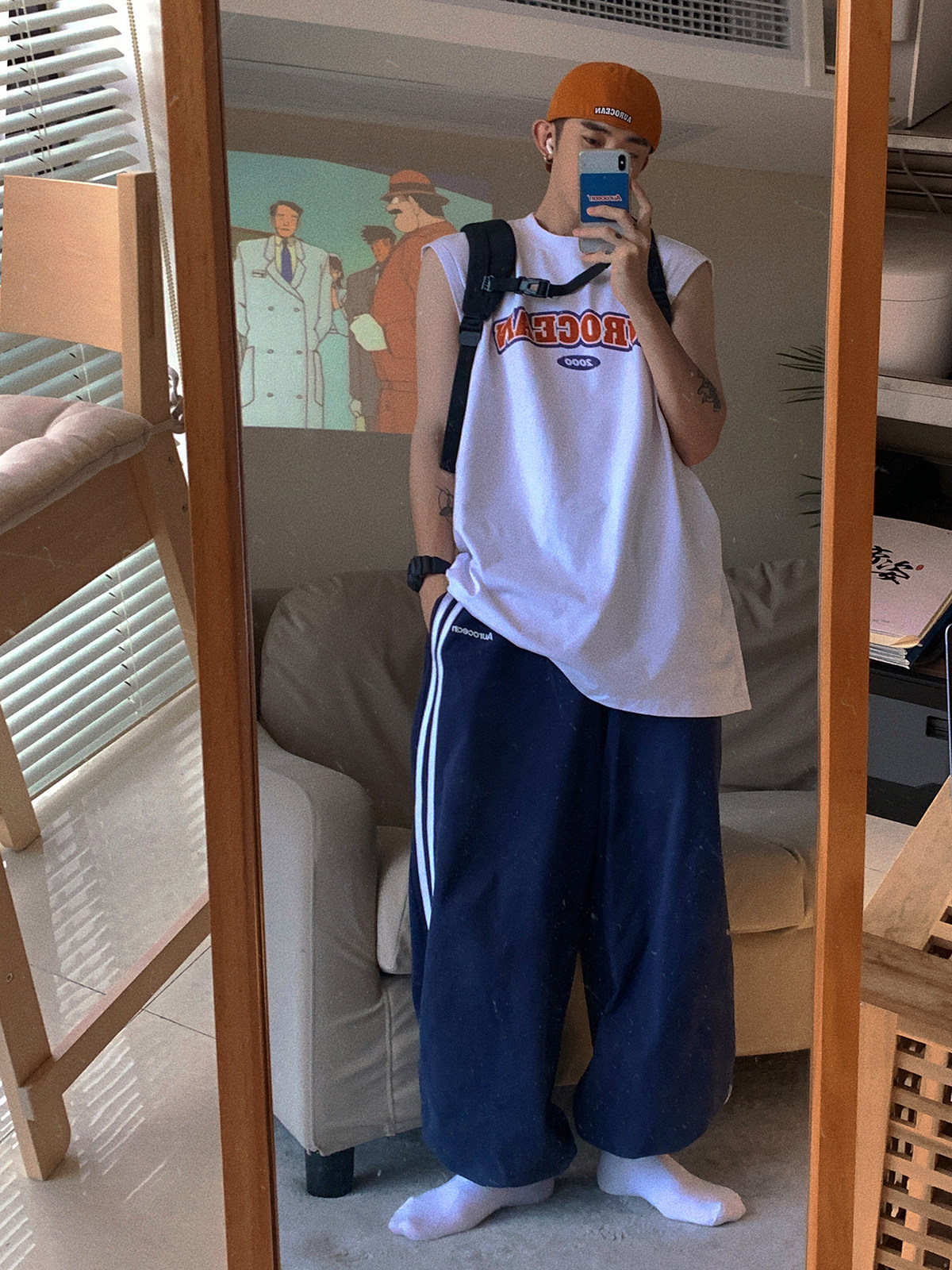 Aurocean白色背心 320克重磅全棉水洗做旧印花宽松基础款无袖T恤_虎窝淘