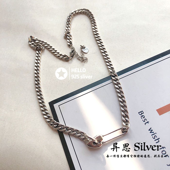 韩国东大门 4mm坦克链曲别针颈链回形针贴脖项链 S925纯银银饰_虎窝淘