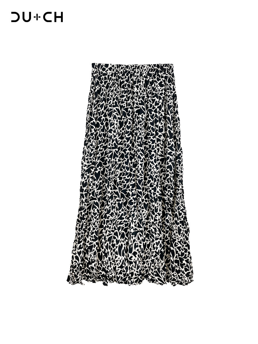 CU+CH春秋女时尚复古百搭通勤爱心印花中长款褶皱半身裙 - 三坑日记